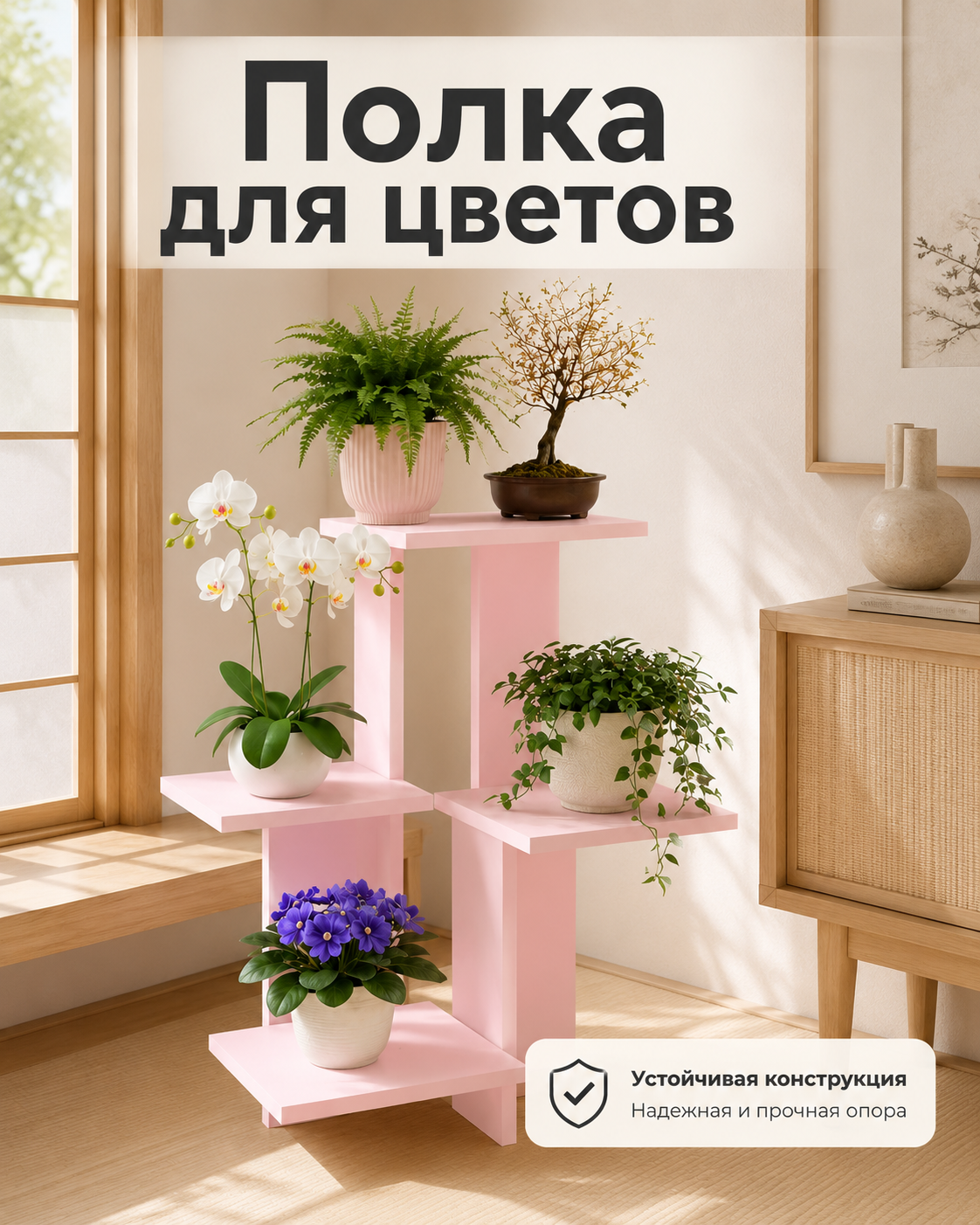 Подставка для цветов напольная многоярусная розовая