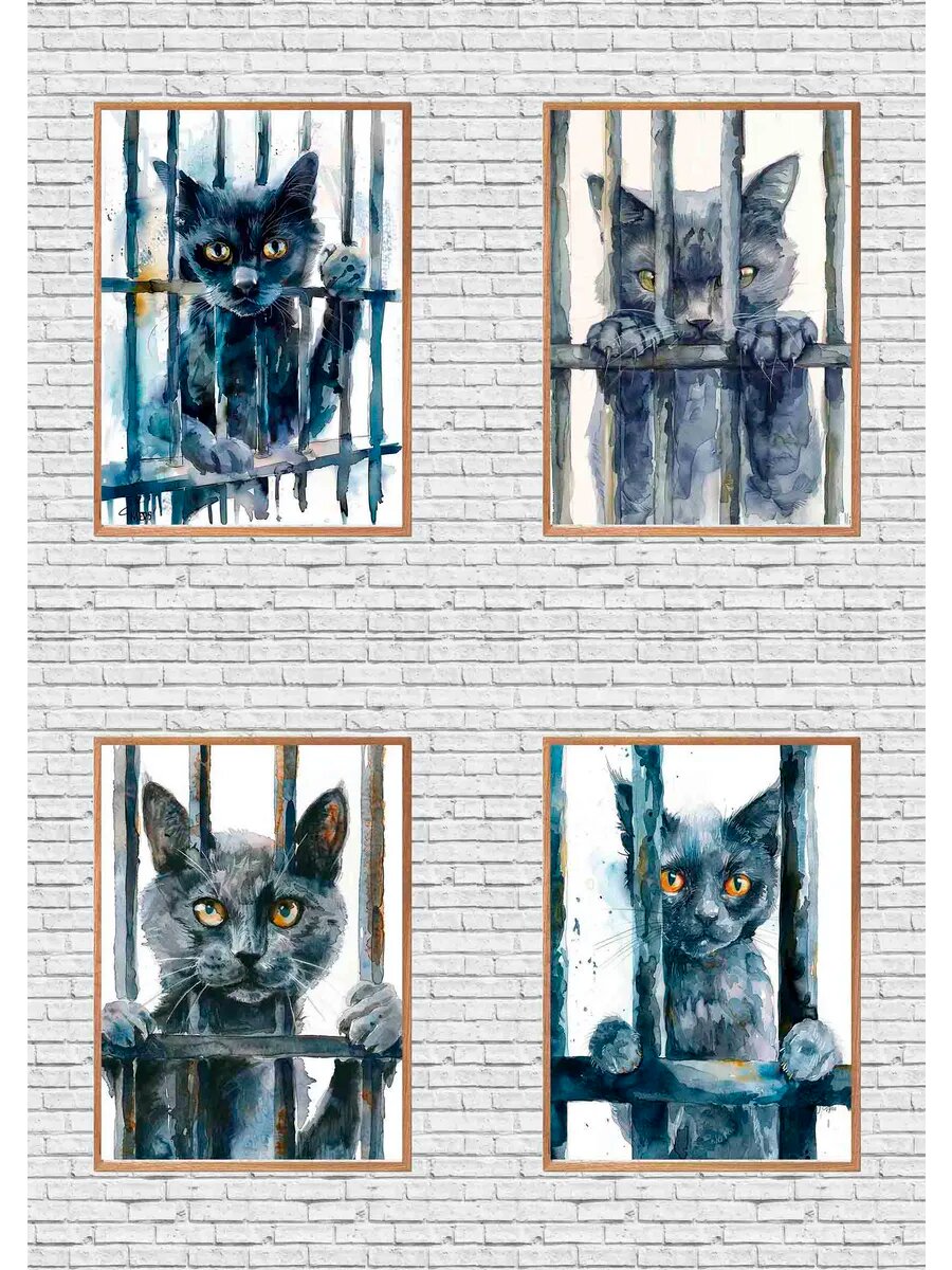 Русский голубой кот-преступник в тюрьме, 4 Плаката, 30x21см