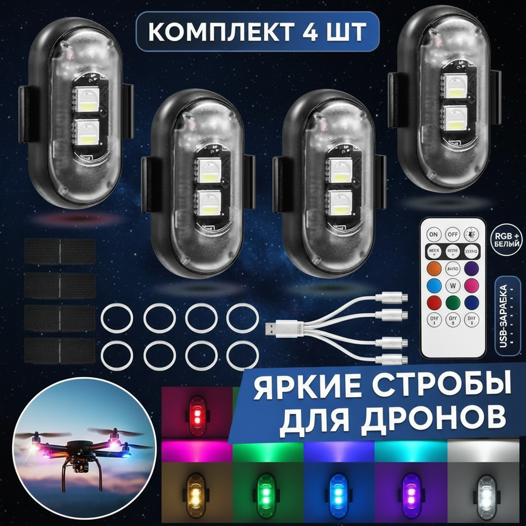 Стробоскопические маячки 4 шт с пультом 8 цветов для автомобиля беспроводные водозащита USB зарядка
