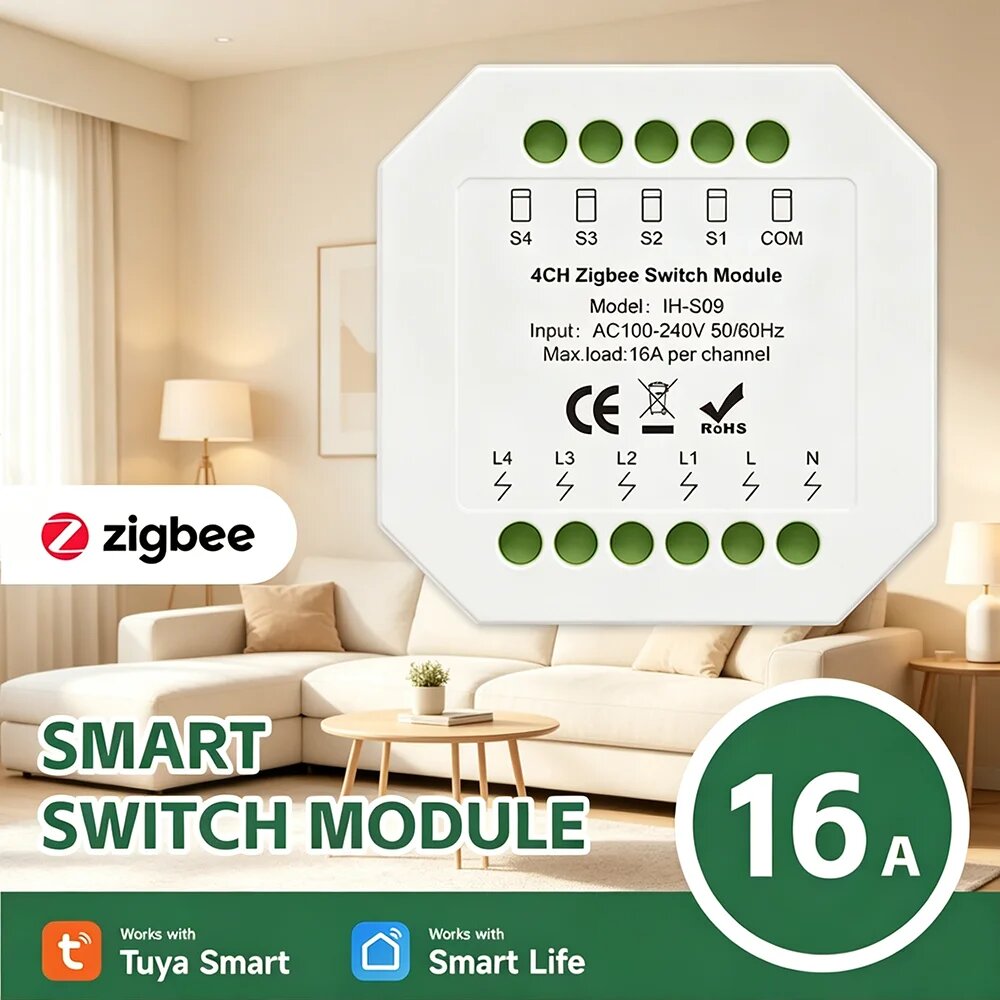 Модуль умного выключателя Tuya Zigbee на 1-4 канала, 16А, 100-240В переменного тока, реле-выключатель, дистанционное управлен. — фото 1