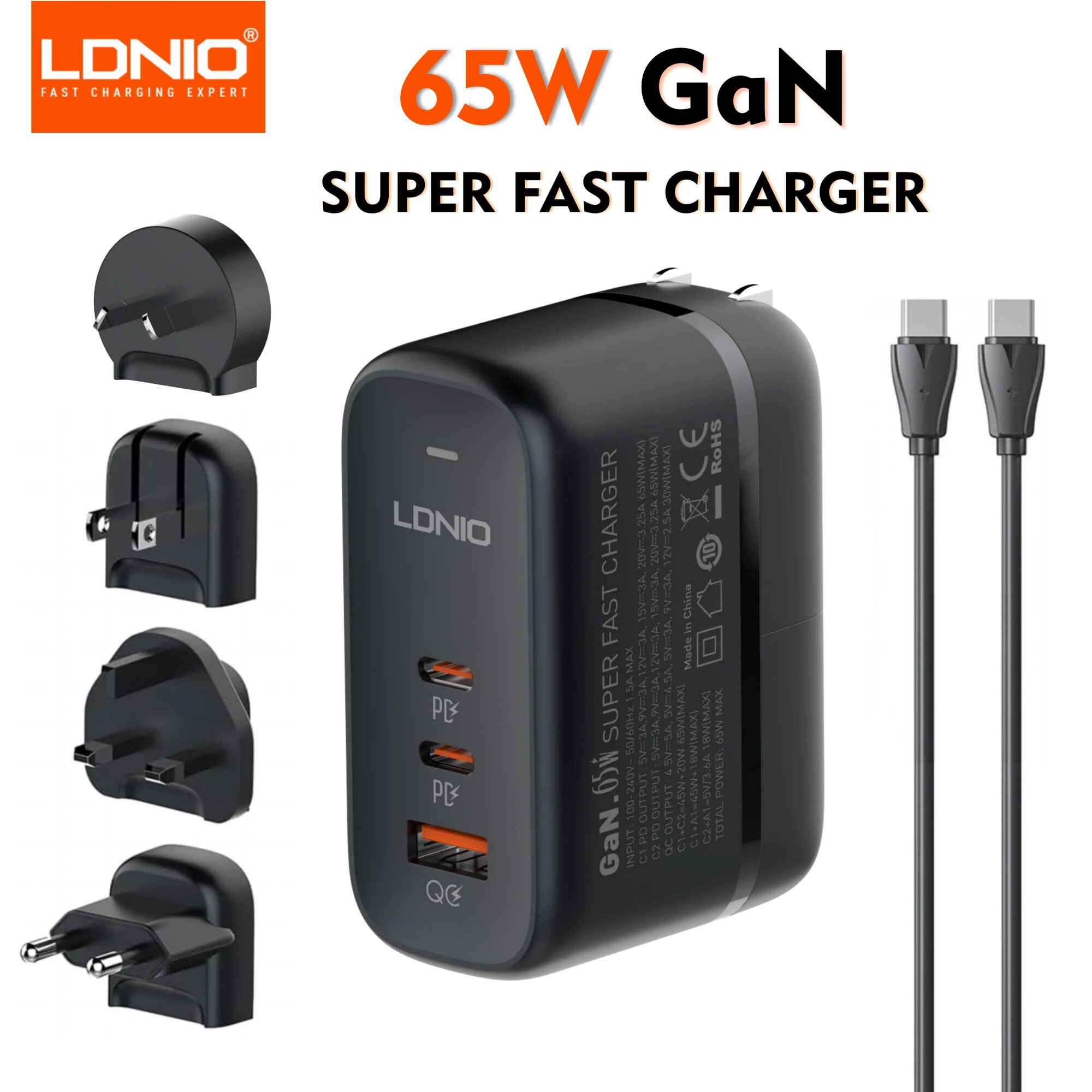 LDNIO 65 Вт USB C Зарядное устройство для путешествий Зарядное устройство GaN Зарядное устройство 3-портовый международный ад.