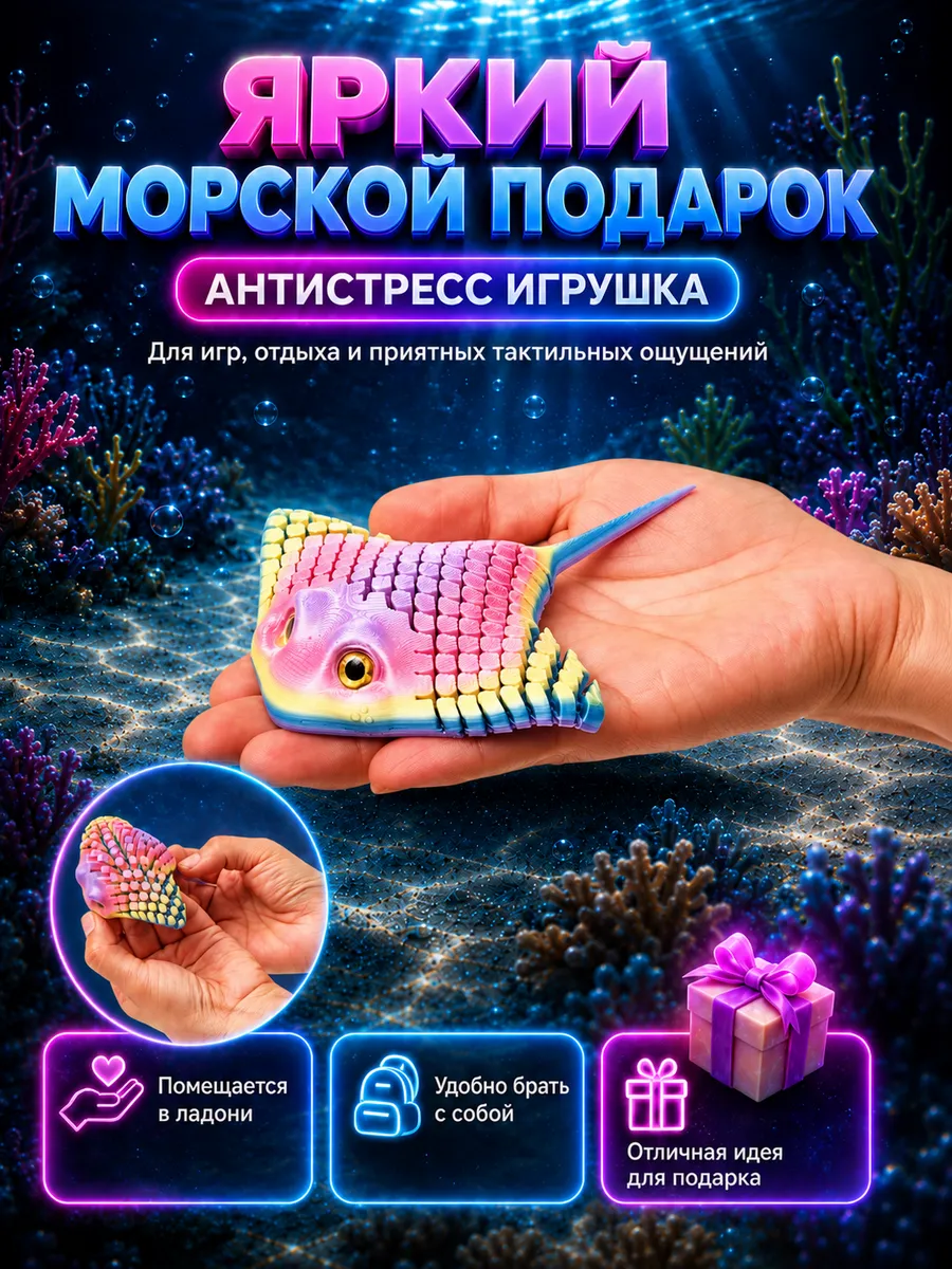 Игрушка-антистресс "Скат", 3D - печатная, пластик, 12.5x10.5x2 см — фото 1