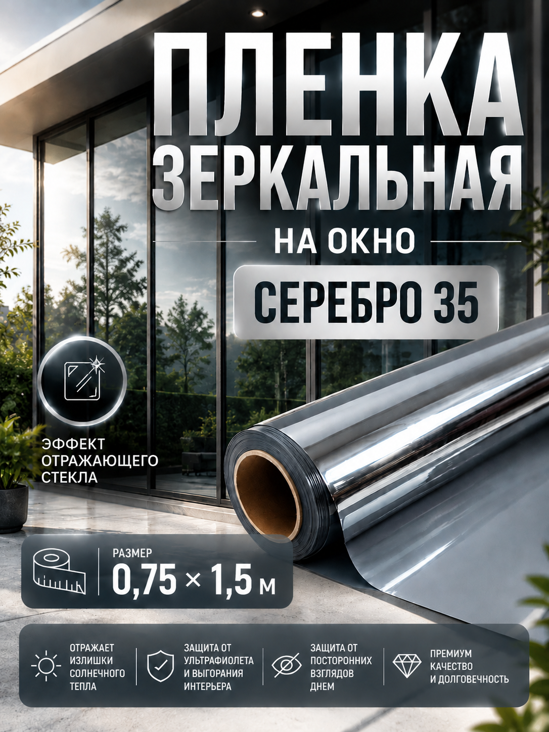 Зеркальная солнцезащитная пленка на окно серебристая Silver 35, 75х150см