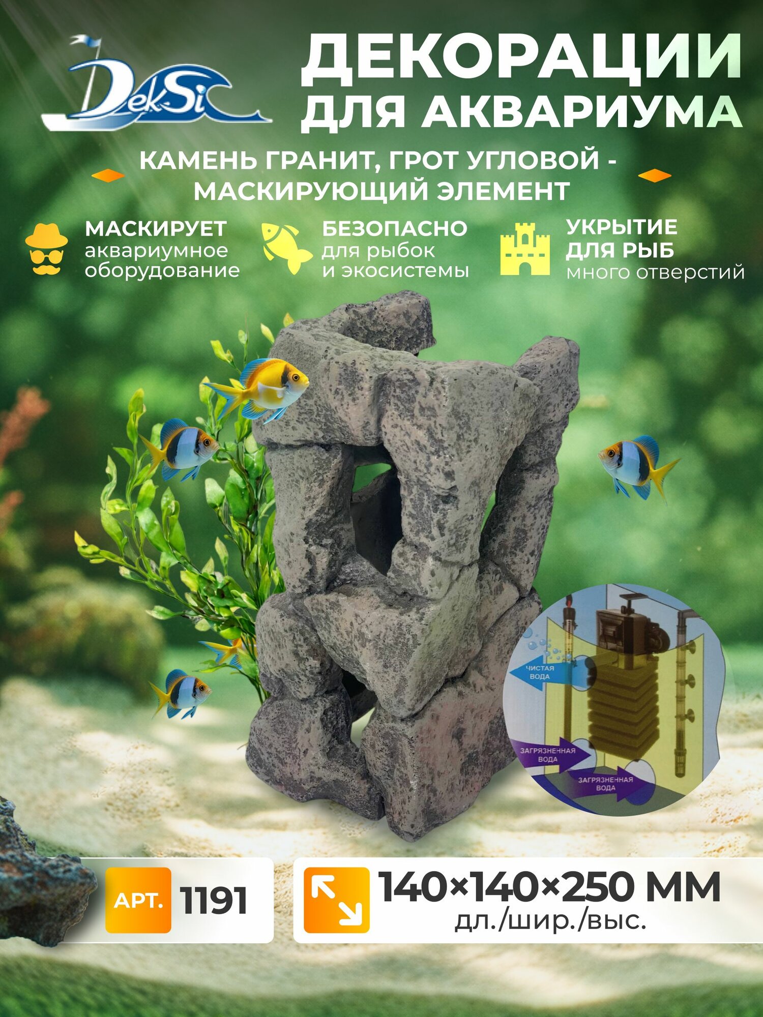 Декорация для аквариума камень Гранит, Грот DEKSI 1191 маскирующий элемент для фильтра и обогревателя