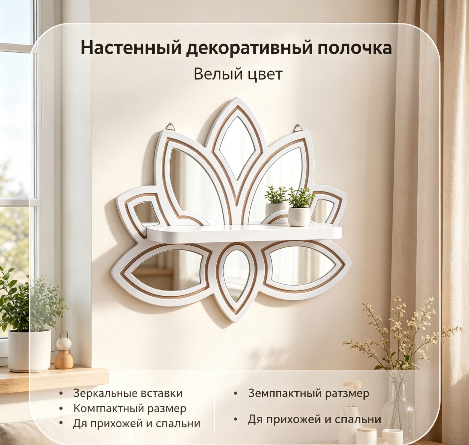 Деревянная настенная полка‑зеркало в виде лотоса, декоративное настенное зеркало, полка для хранения для гостиной