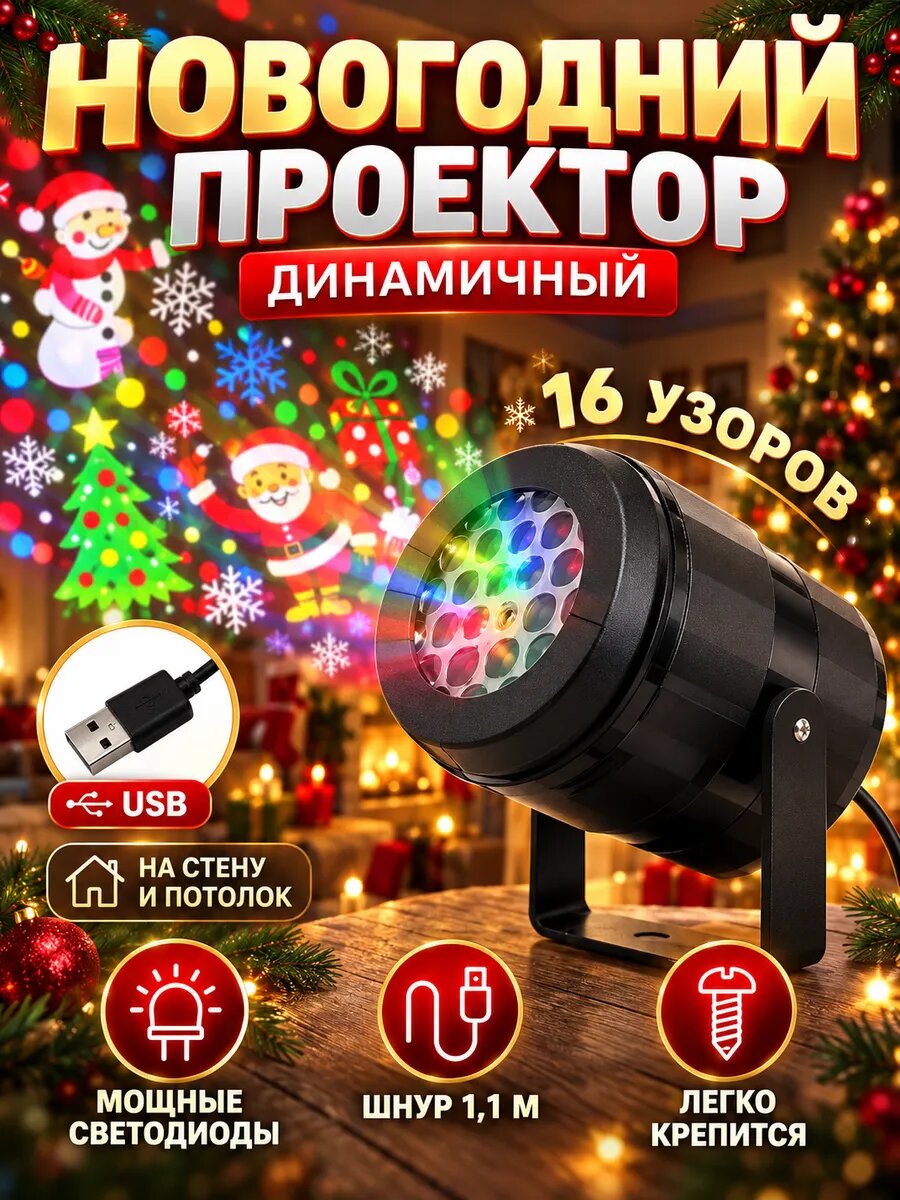 Новогодний проектор в розетку елочка на стену USB