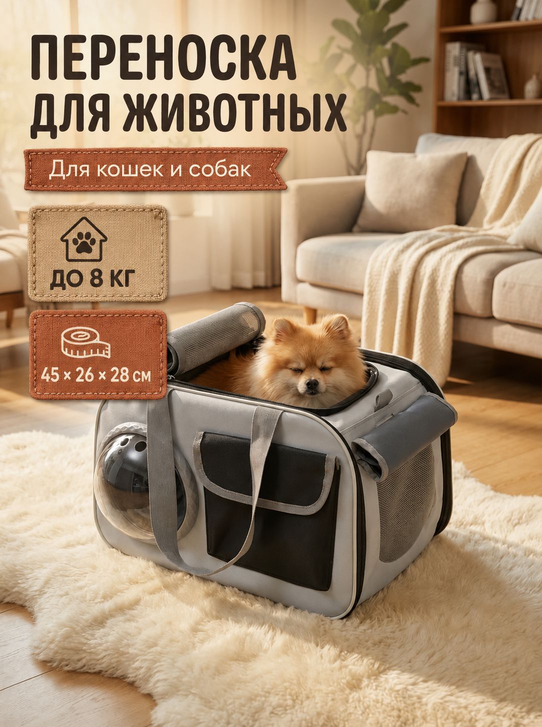 Переноска для кошек и собак сумка с иллюминатором черно-белая 450х260х280, из ткани Оксфорд, складная, с сеткой