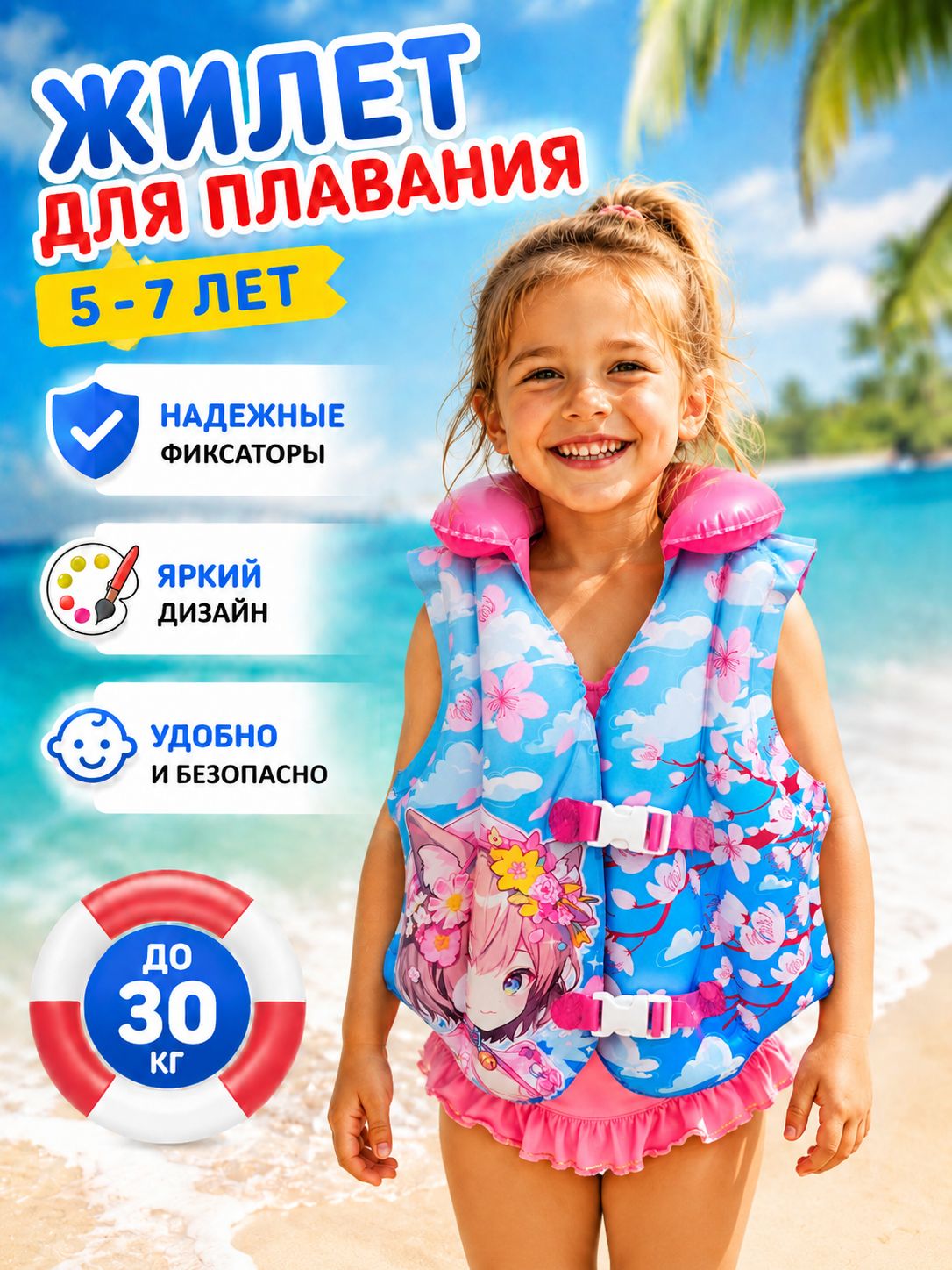 Жилет для плавания детский надувной от 5 лет 56*46 см