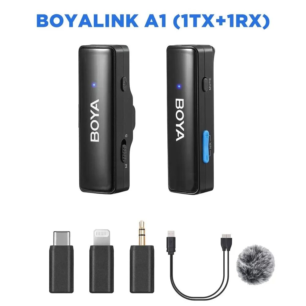BOYA Микрофон универсальный Микрофон петличный беспроводной BOYA Boyalink, петличка для телефона, для айфона/iphone, для андроид. Петличка разъем type-c, lightning, mini Jack 3.5мм, черный, черный матовый
