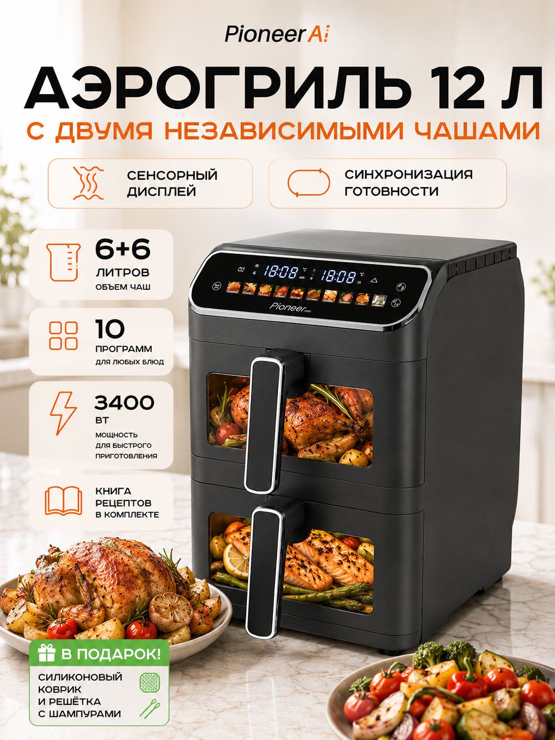 Pioneer Аэрогриль c двумя чашами по 6 л SM560D grey, 2 вентилятора, 60-200гр, цветной сенсорный дисплей, 10 автопрограмм, книга рецептов, 1700 Вт + 1700 Вт, серый