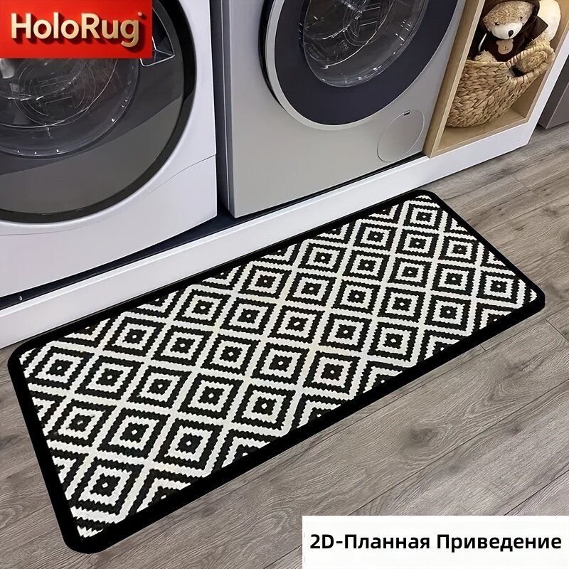 Ковровая дорожка в коридор 40х120 см, винтажный стиль, черно-белый минималистичный узор, мягкий фланель
