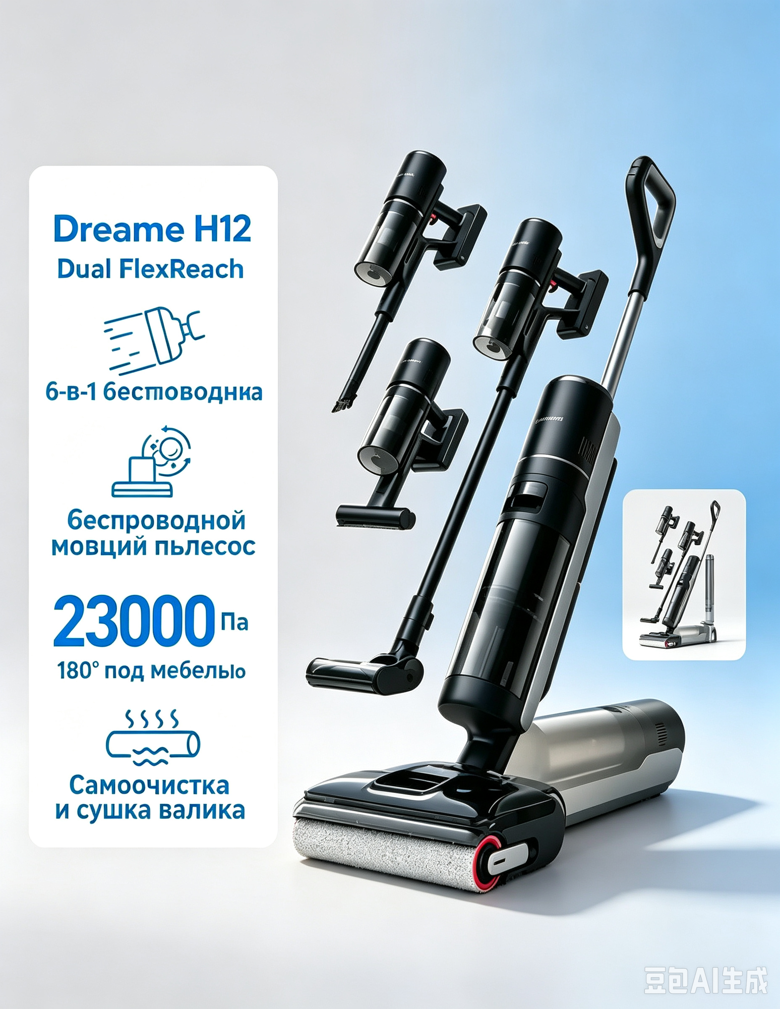 Моющий вертикальный беспроводной пылесос Dreame H12 Dual FlexReach 6‑в‑1, самоочистка, влажная и сухая уборка