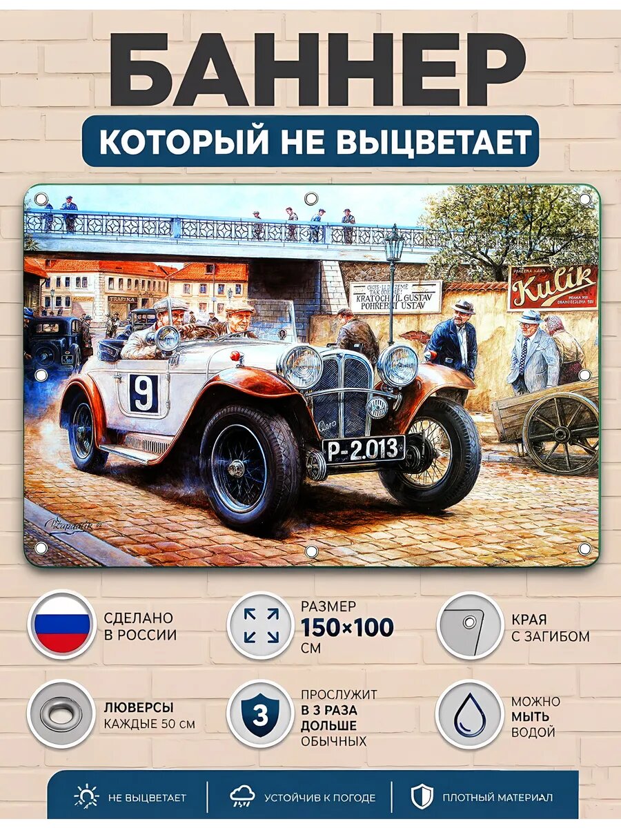 Баннер автомобильный ретро на стену 150х103 см плакат с машинами постер авто интерьерный уличный