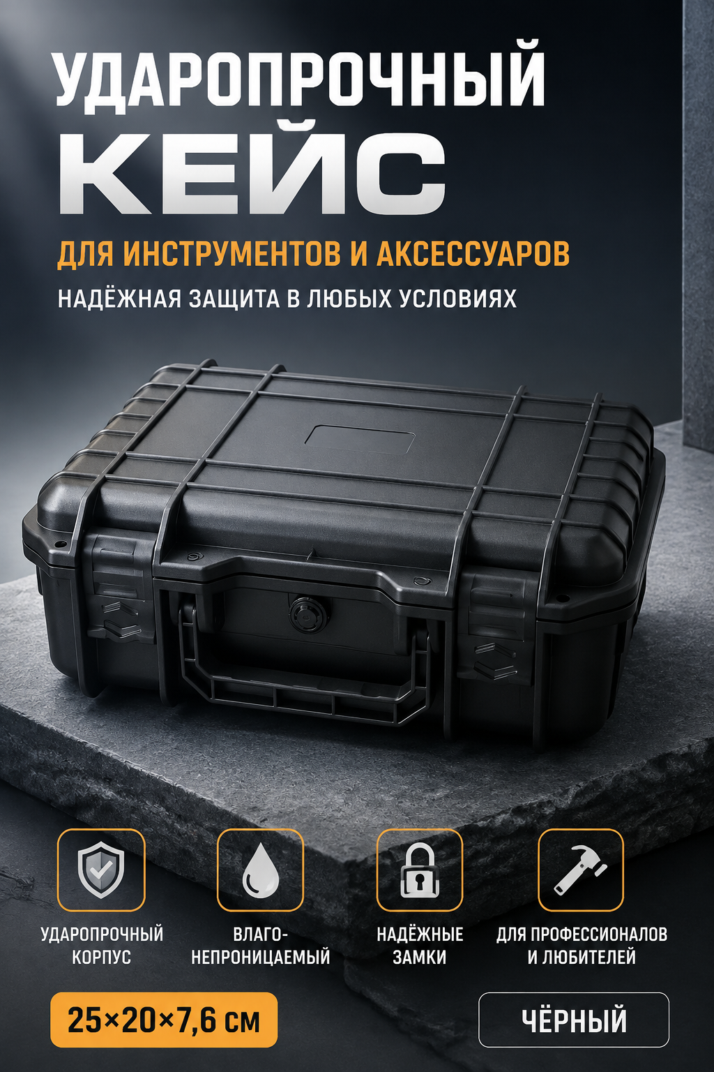 Ударопрочный инструментальный кейс 25×20×7,6 см, черный
