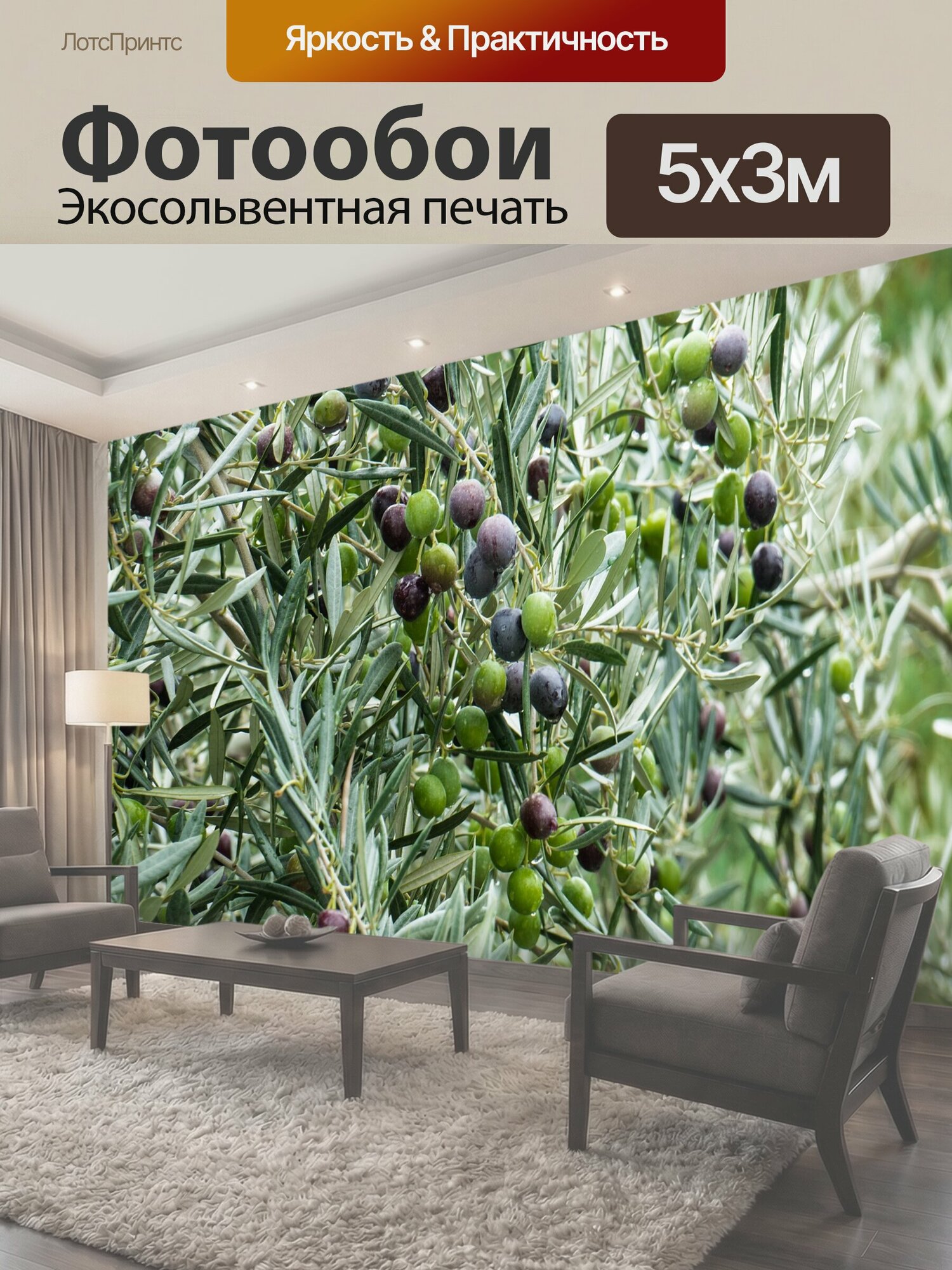 Фотообои "Оливковый, зеленый, оливки" 500x300 см. экосольвентная печать