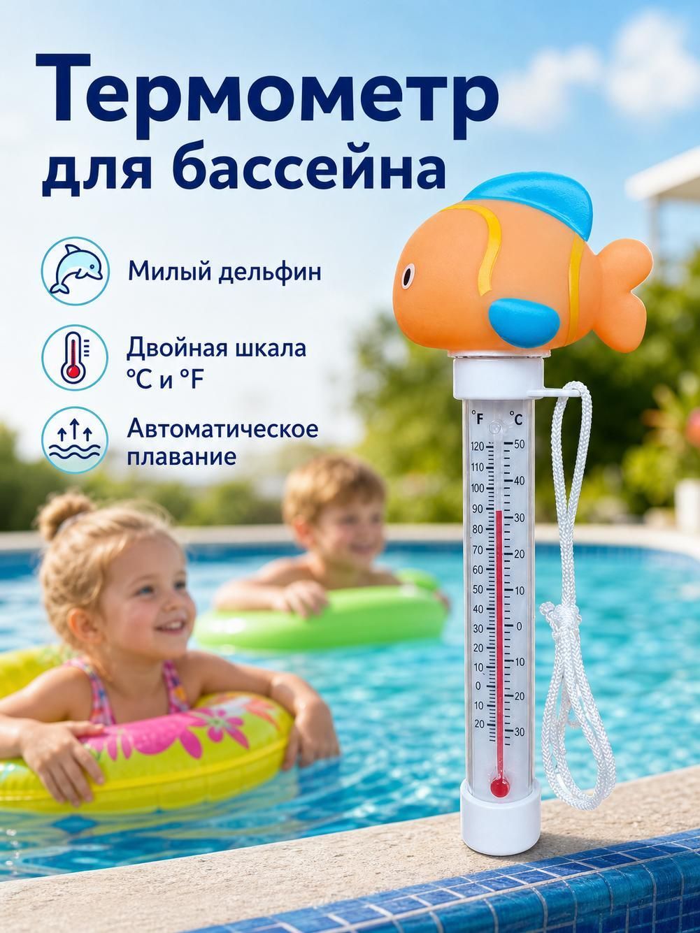 Термометр для ванной в виде рыбки, оранжевый, со шнурком