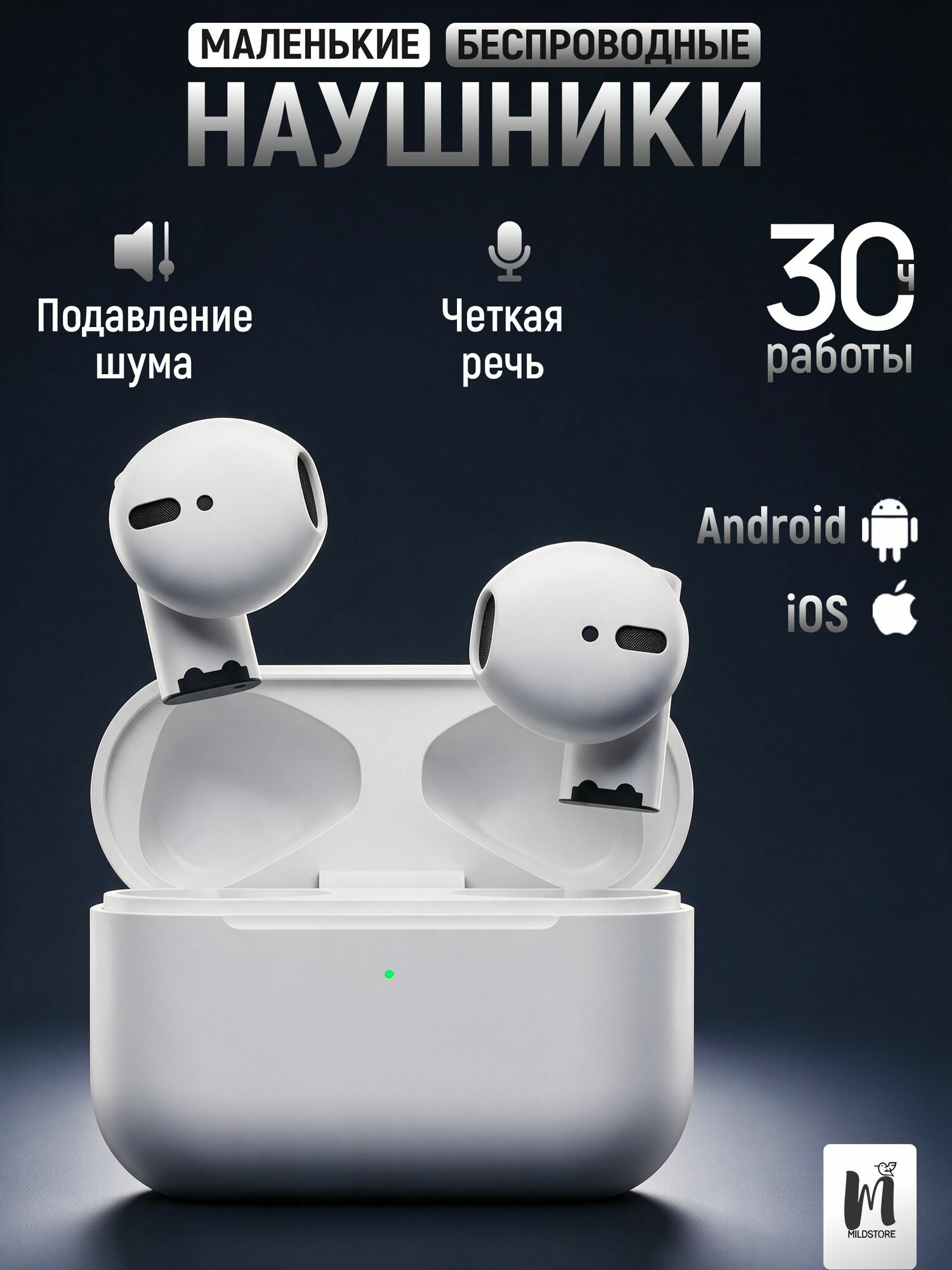 Наушники беспроводные для телефона Android/iPhone, с микрофоном, с шумоподавлением
