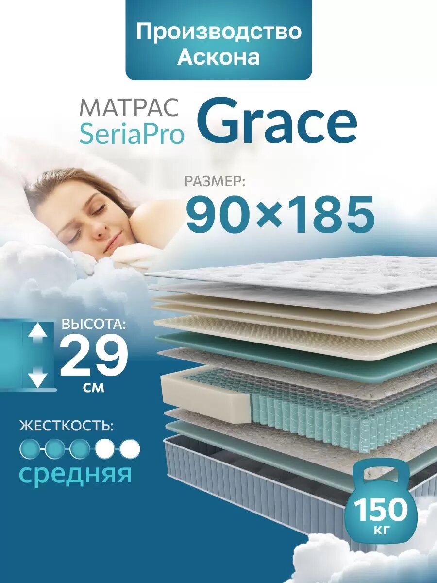 Анатомический матрас, Ортопедический матрас 90х186 см Seria Pro Grace, Независимые пружины