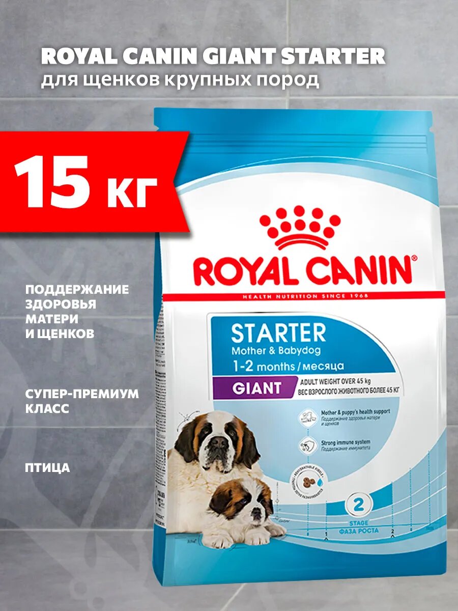 Корм сухой Royal Canin Giant Starter для щенков крупных пород до 2 месяцев, беременных и кормящих собак, 15 кг