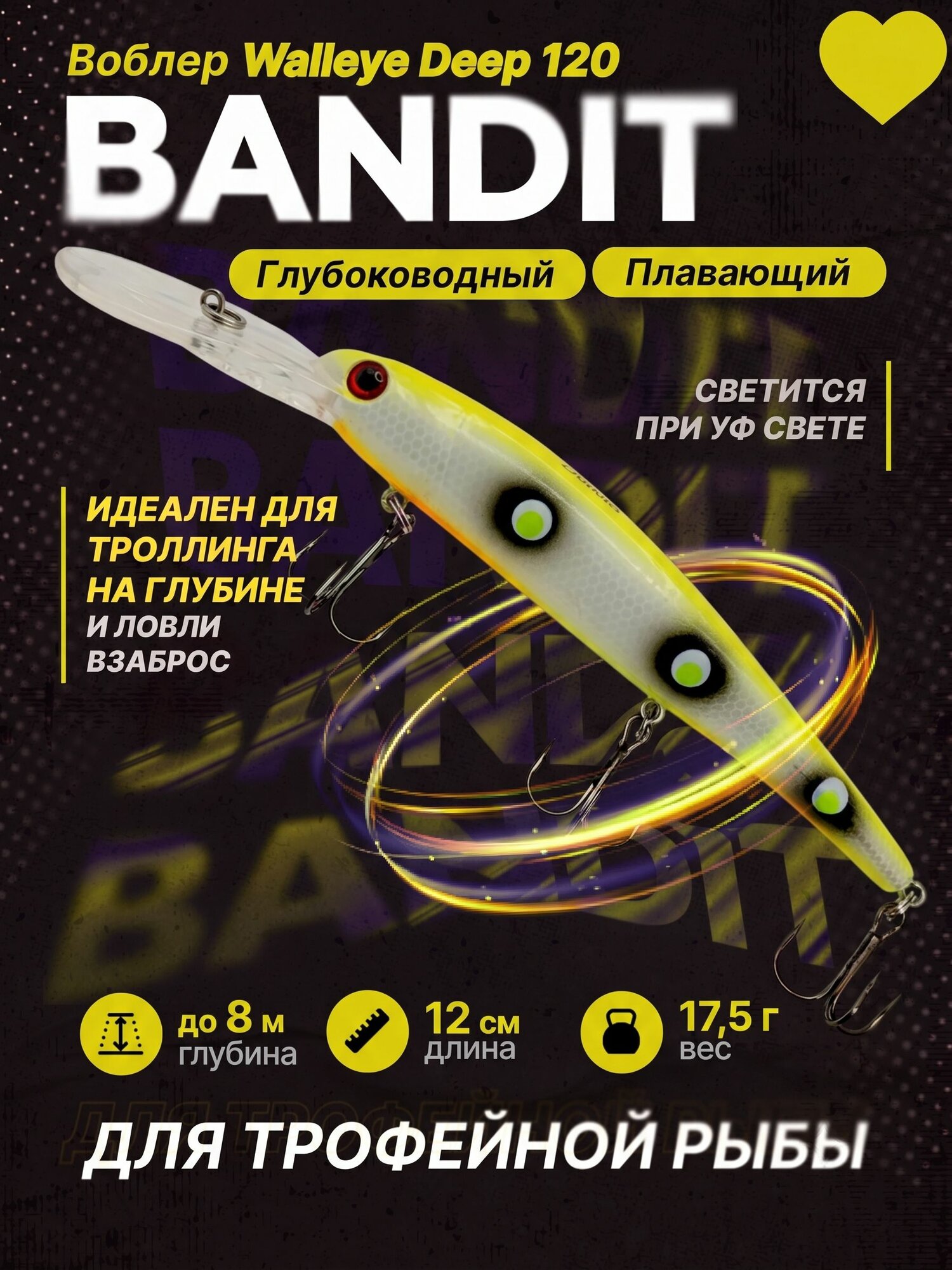Глубоководный Воблер Бандит для троллинга на судака, щуку, сома. Grows Culture, Walleye Deep, 17,5гр, 12см, 8м. 11355