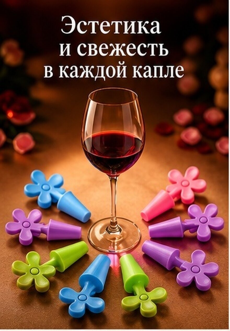Набор из 8 силиконовых цветочных пробок для вина разноцветных