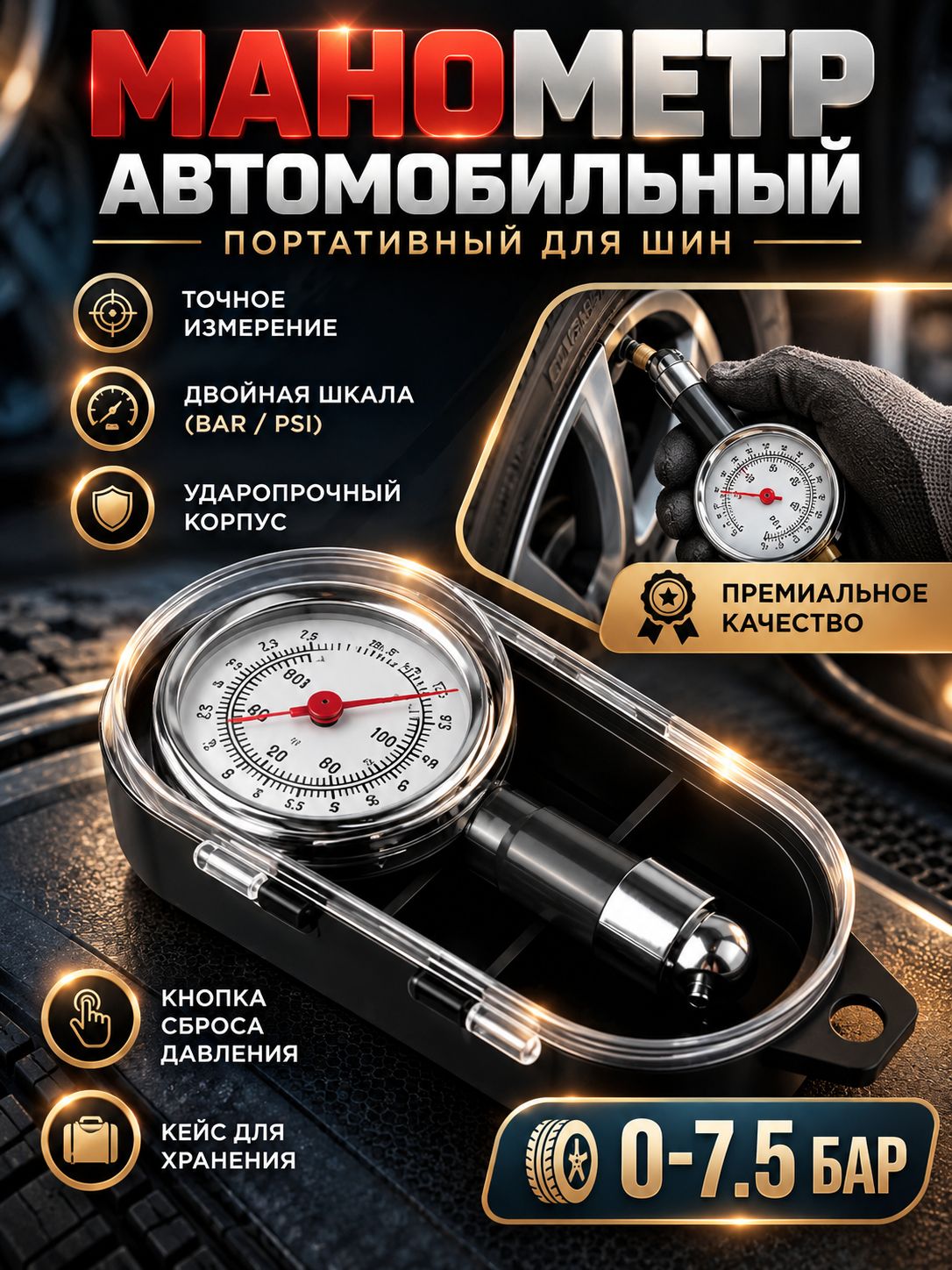 Автомобильный манометр для измерения давления в шинах, точный прибор 0-7.5 бар, двойная шкала, металл