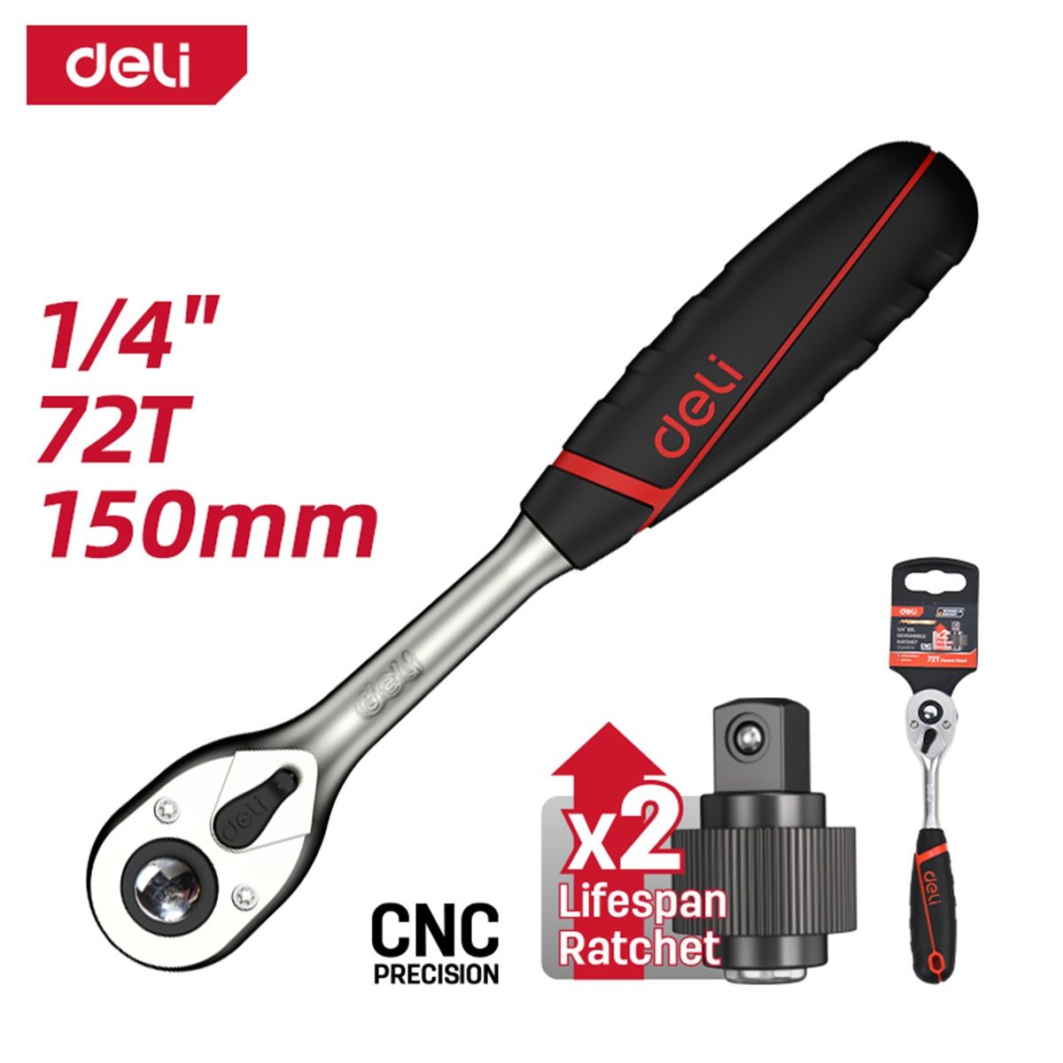 Ключ-трещотка 1/4" Deli DQ41802 72 зуба, Cr-Mo, быстросъемная
