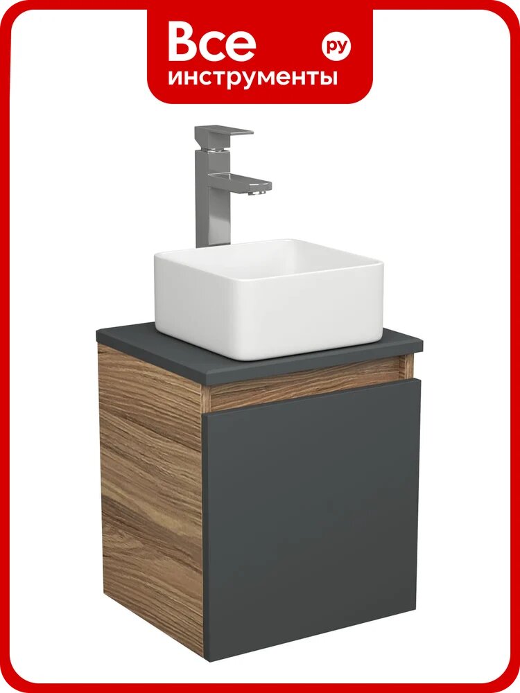 Тумба Bauedge Bau Dream Blackwood 35 с ящиком, графит, раковина BAU Mini 24х24, смеситель для раковины высокий Hotel Still, нержавеющая сталь SD4006