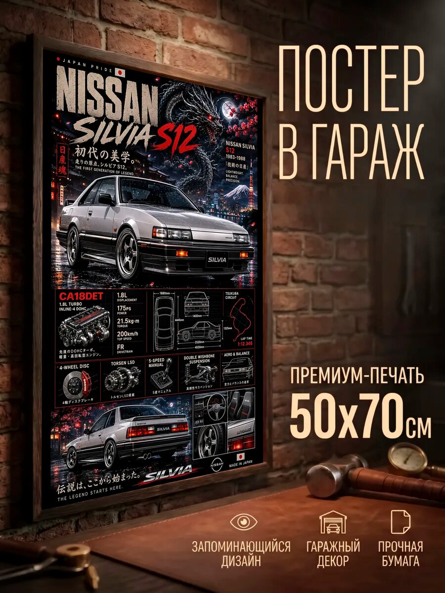 Постер на стену большой 50*70 без рамки Ниссан Сильвия S12
