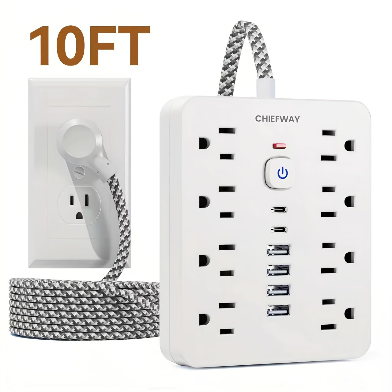 Плоский плетеный удлинитель с 8 розетками и 6 портами USB (2 USB-C), защита от перенапряжения, настольная зарядная станция, белый, 10 ft