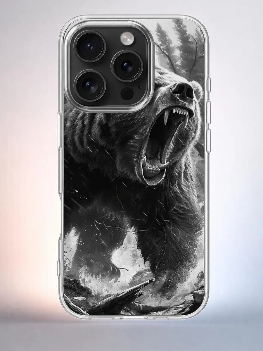 Чехол iPhone 15 Pro медведь рычит у воды силиконовый