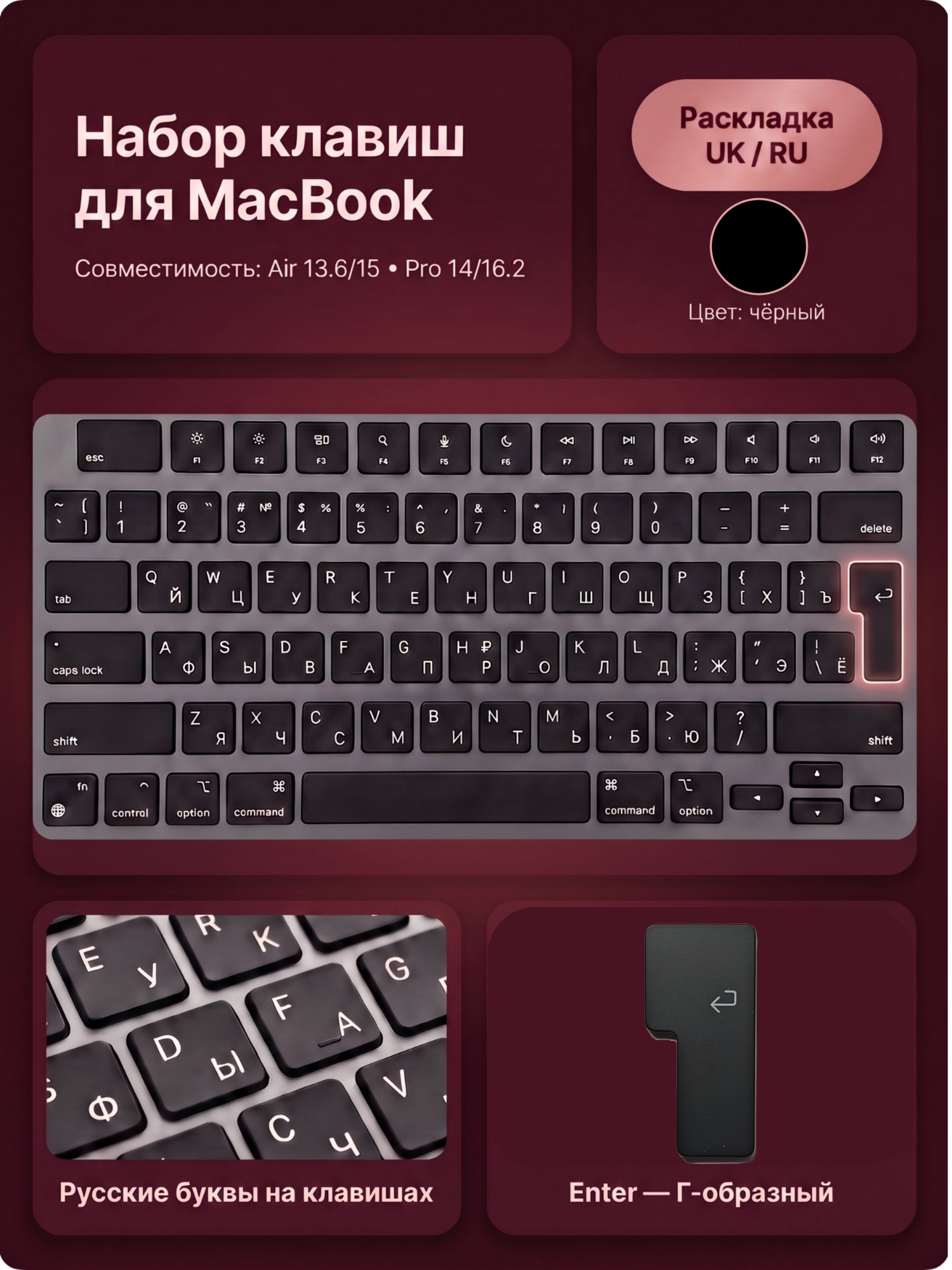 Клавиши / кнопки для Macbook Air 2020-2026 / MacBook Pro M1, M2, M3, M4, M5 2020-2026, UK-RU, черный