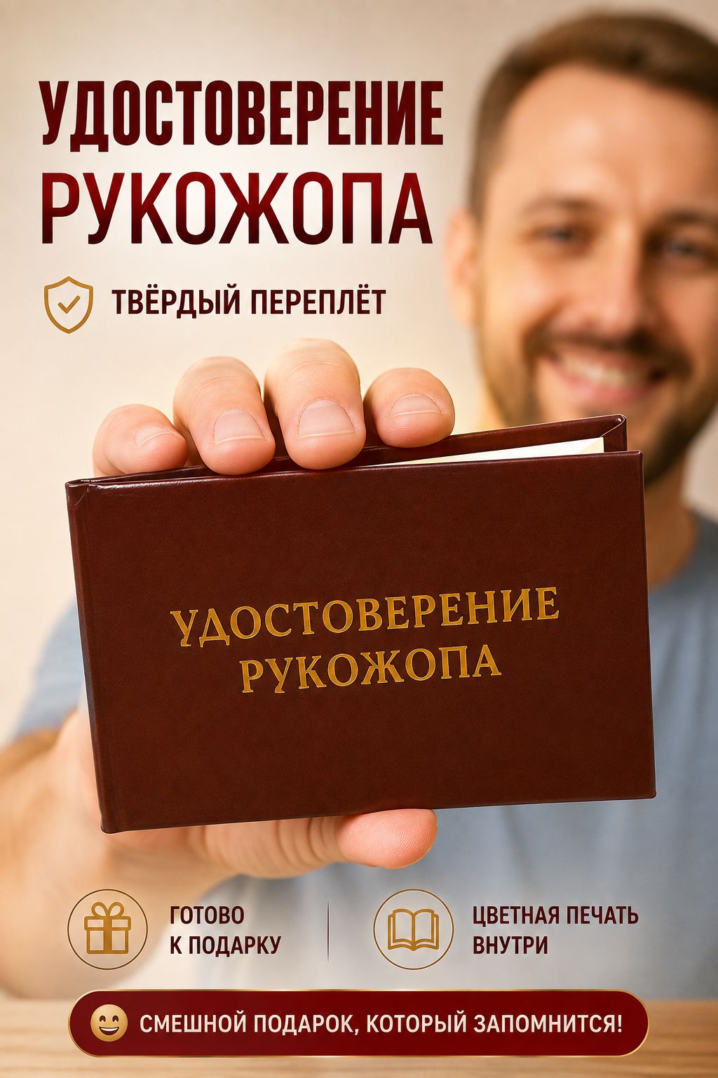 Сувенирное шуточное удостоверение "Рукожопа", ксива, прикол, розыгрыш, подарок мужчине