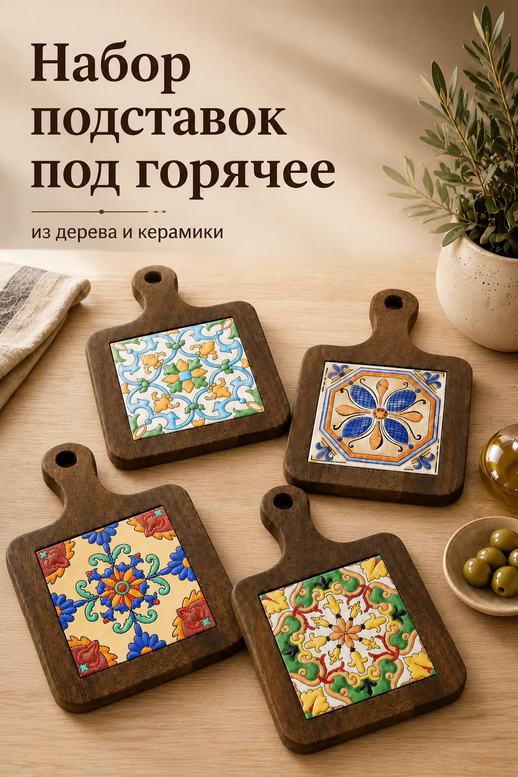 Набор подставок под горячее из дерева и керамики, 4 шт, 20×14 см, темно-коричневые