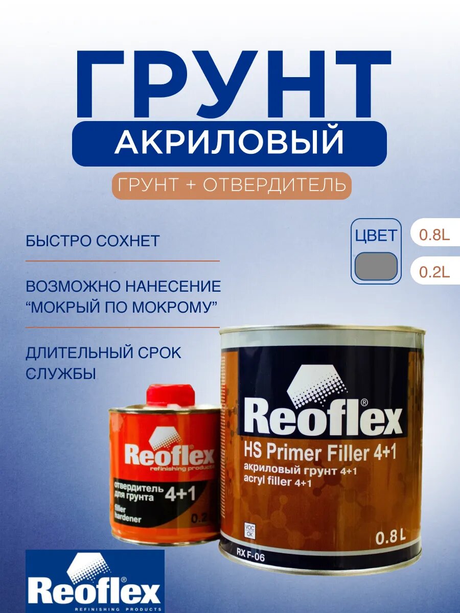 Акриловый грунт 0.8 л. + отвердитель 0,2 л. Серый Reoflex