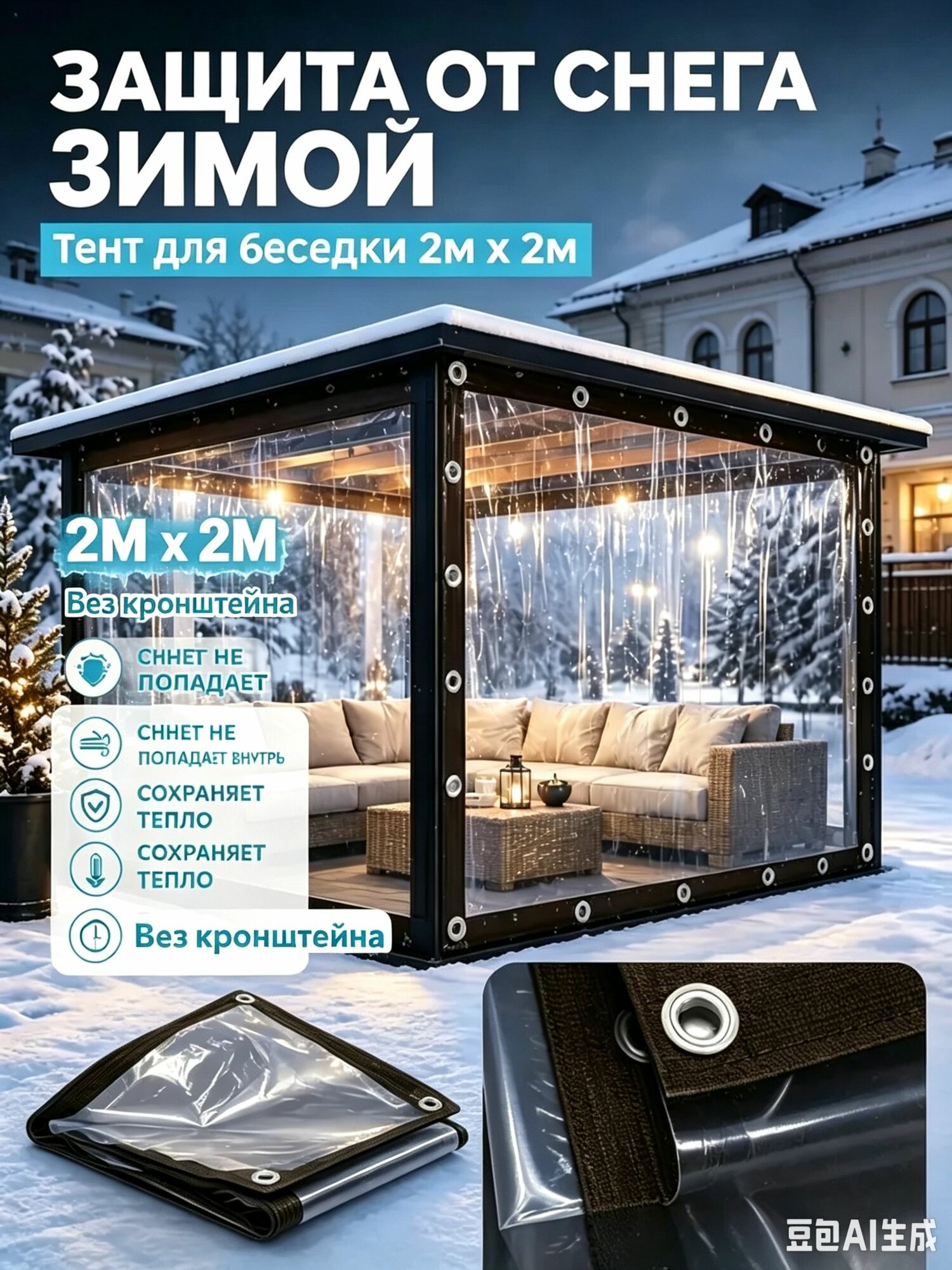 Прочный тент для беседки 2x2 м с металлическими креплениями защита от снега и холода зимой*