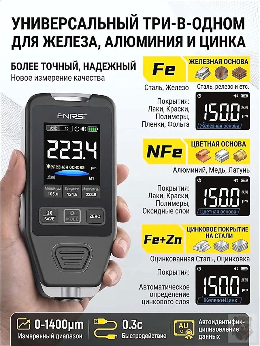 Толщиномер лакокрасочных покрытий CTG-20 (автомобильный), полная комплектация. Прибор для измерения толщины покрытий на алюминии, меди, цинке. Диапазон измерений: 1400 мкм.