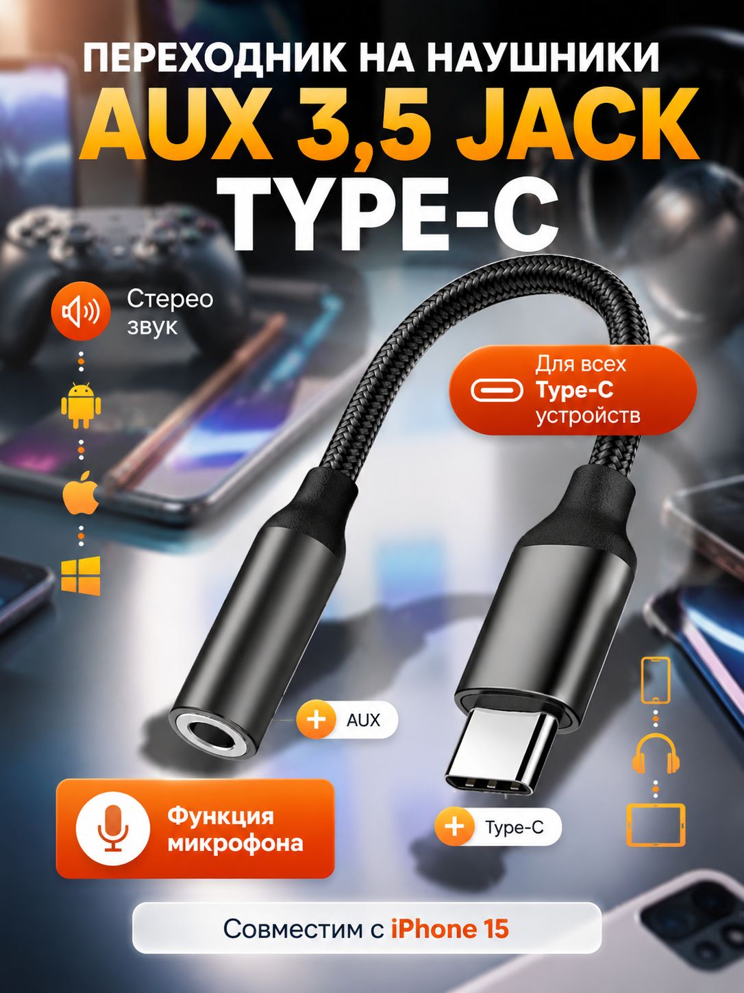 Переходник кабель Type C на 3.5 Jack AUX адаптер черный