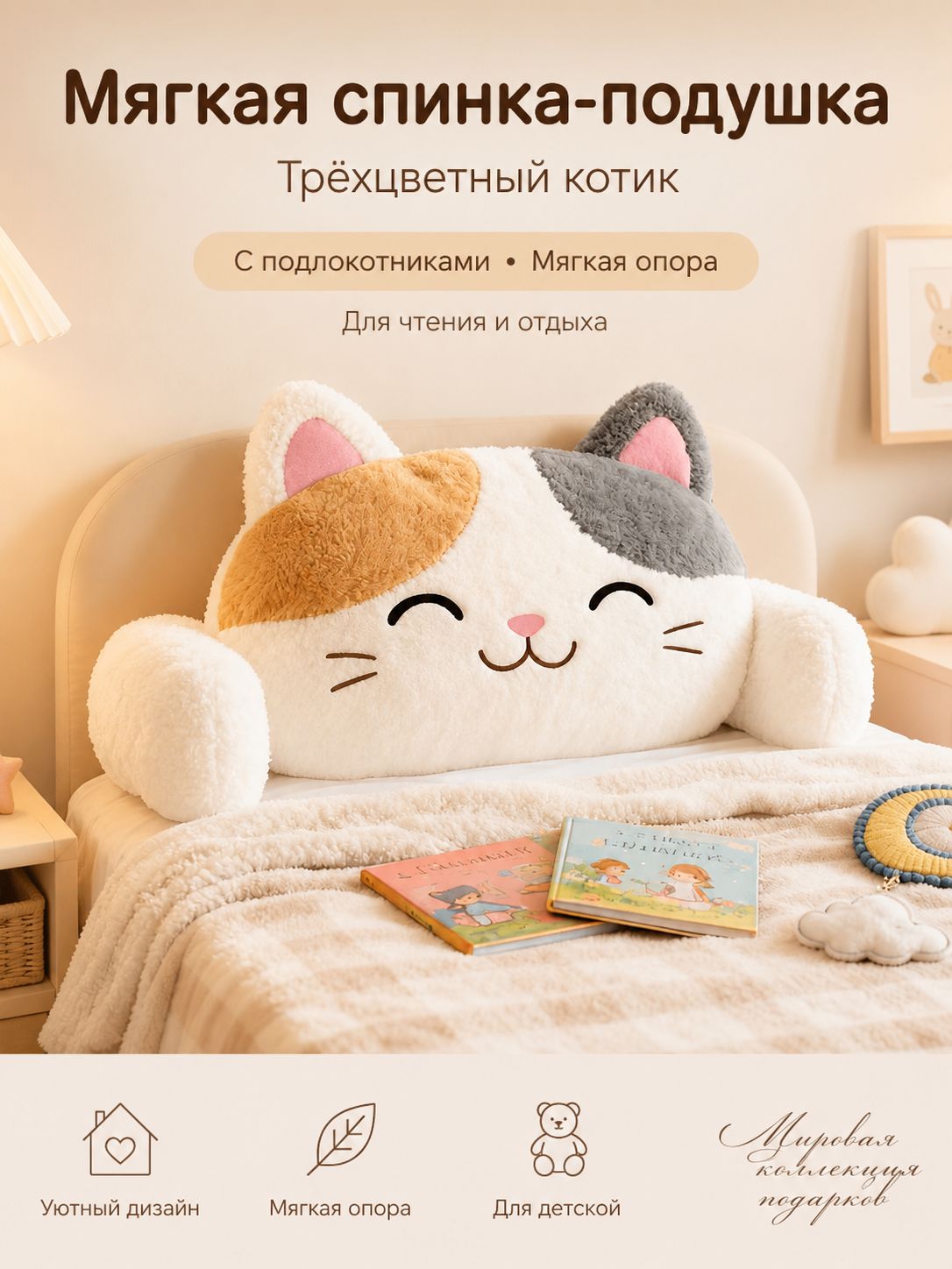 Мягкая спинка-подушка для кровати с подлокотниками, 90 45/110 55 см, съёмный чехол