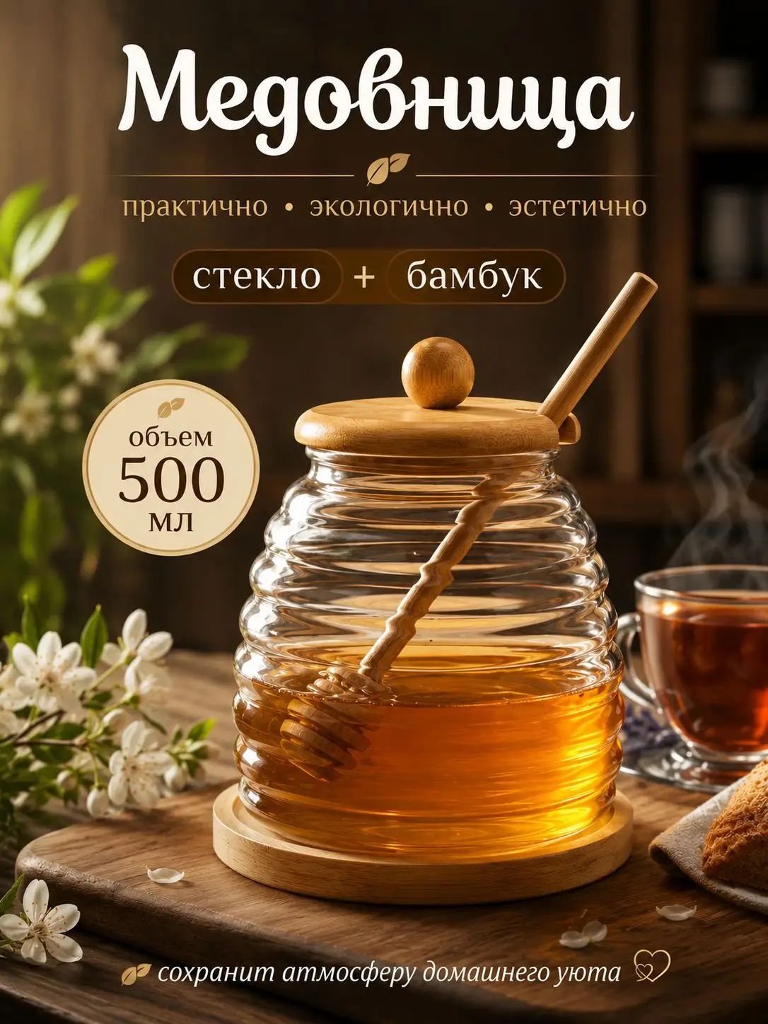 Банка для меда 500 мл 1 шт бамбук