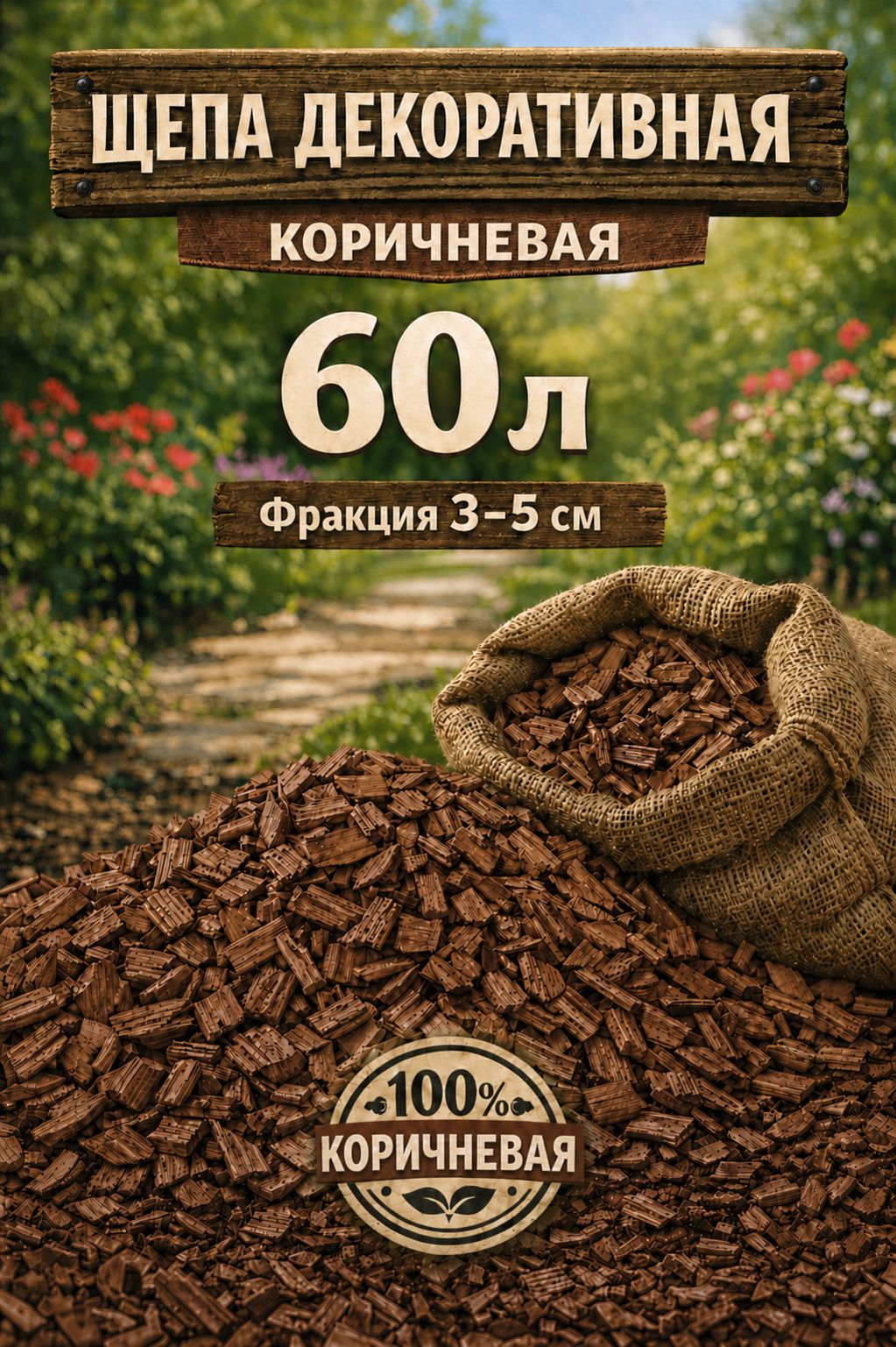 Щепа декоративная Коричневая 60 л фракция 3-5