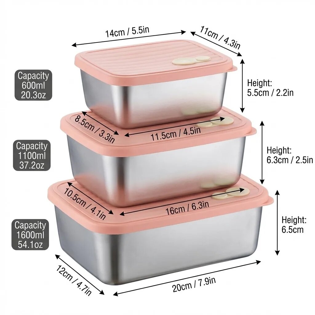 Ланч-бокс из нержавеющей стали WORTHBUY Pink 3300ml 3pcs