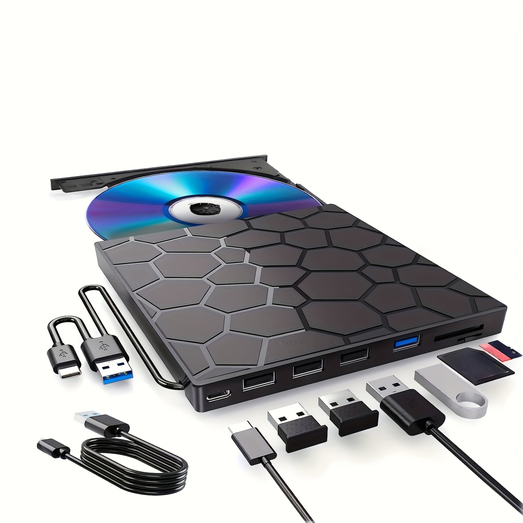 Портативный внешний DVD-привод для записи CD/DVD±RW с поддержкой USB 3.0/2.0 и USB-C, картридер SD, компактный, для ноутбуков и ПК, черный, 1 шт.