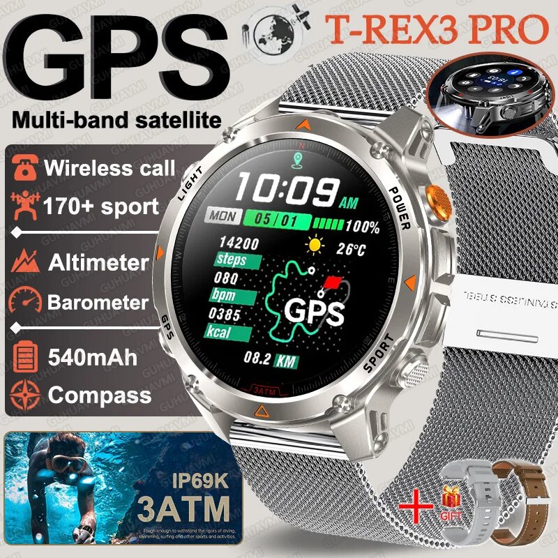 GUHUAVMI T-Rex3 Ultra Military GPS Smart Watch Silver Mesh Belt 2A