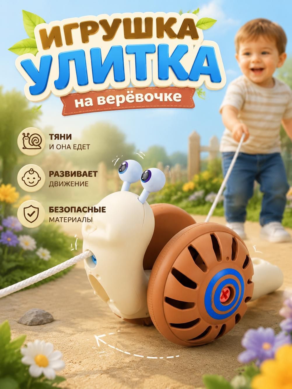 Игрушка-каталка Улитка на веревочке для малышей, развивающая детская каталка на поводке для улицы и обучения ходьбе