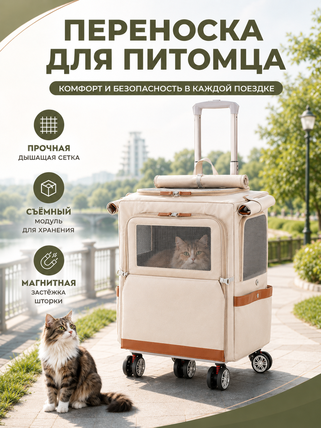 Переноска для питомца на колёсах бежевая с выдвижной ручкой, вентилируемая сумка-катер для транспортировки кошек и собак во время поездок и прогулок