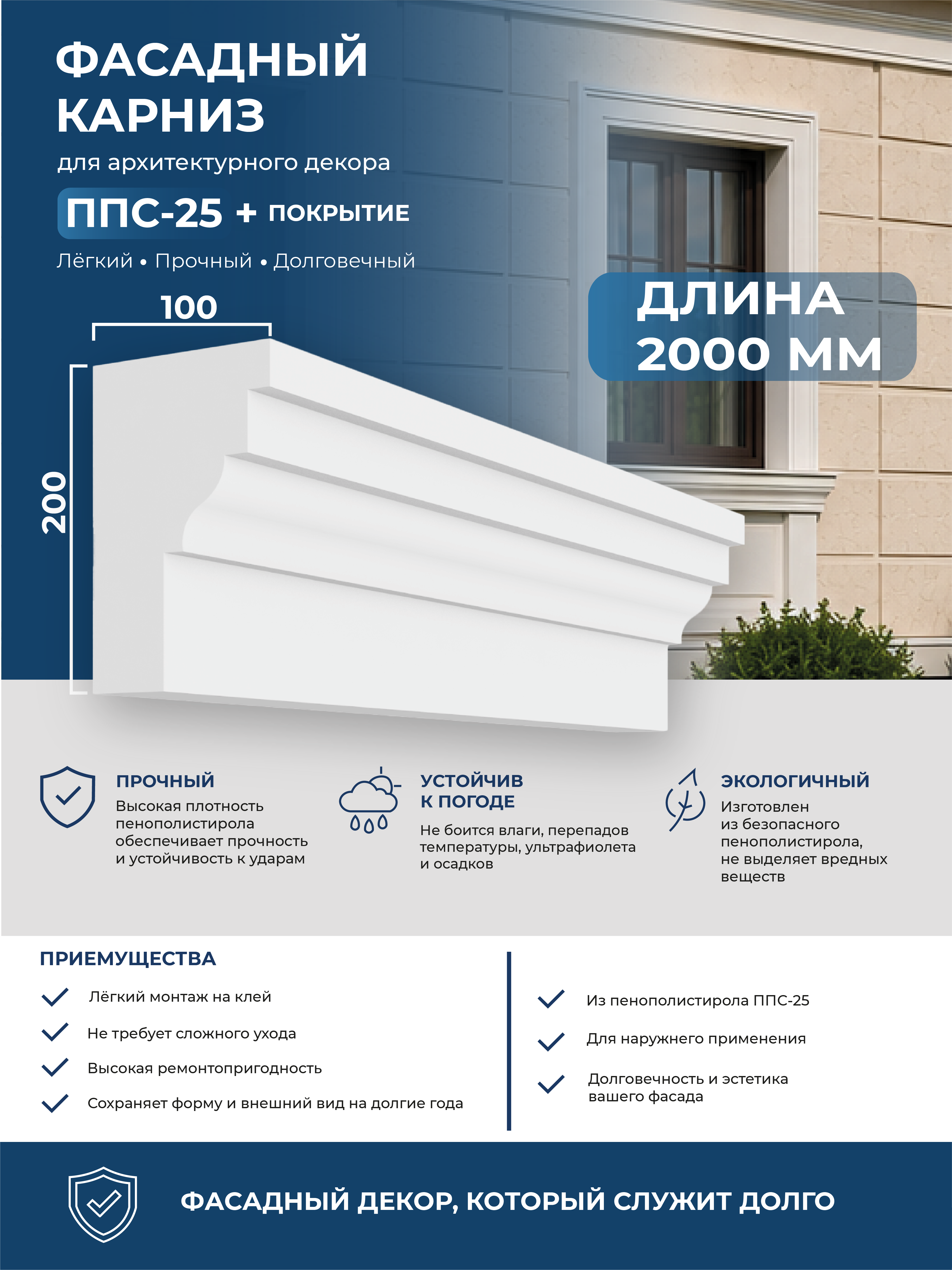 Карниз фасадный из пенополистирола IZODECOR, набор 4 шт 20х10х200 см, ППС-25 с покрытием. Фасадный декор