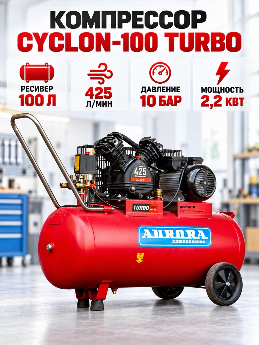 Компрессор Aurora CYCLON-100 TURBO ACTIVE SERIES, ресивер 100 л, 2,2 кВт