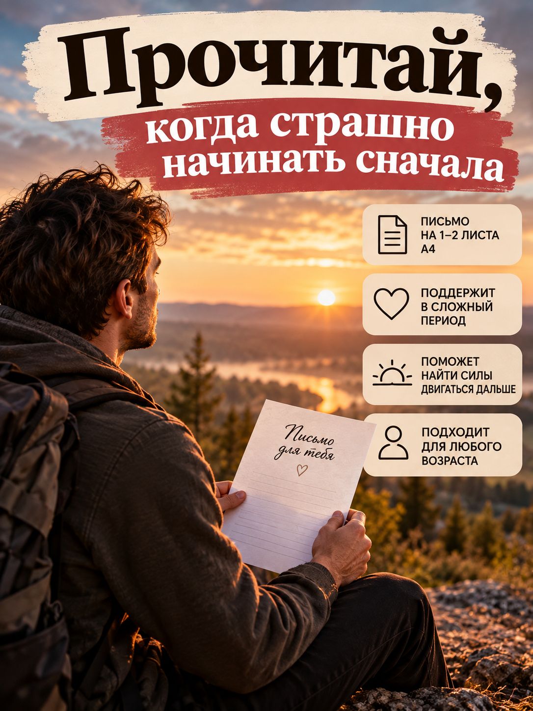 Письмо "Когда страшно начать сначала" - мотивирующий текст на листе бумаги А4 для женщин и мужчин
