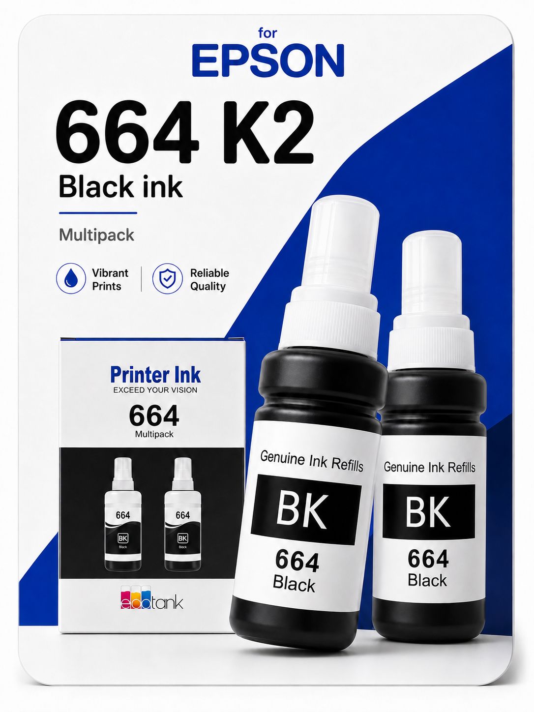 Epson Чернила Epson 664/672, Совместимо с L310/L382/L565/L1300/L1455/L101/L111/L130/L201/L211/L220/L301/L303/L310/L313/L351/ L353/L358/L360/L363/L365/L380/L383/L385L455/L485/L551/L558, совместимый, Черный (black), 2 шт